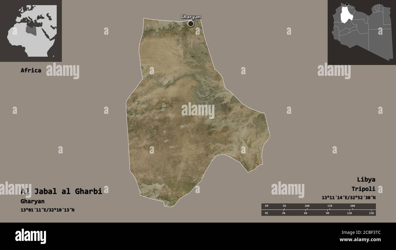 Shape of Al Jabal al Gharbi, district of Libya, and its capital ...