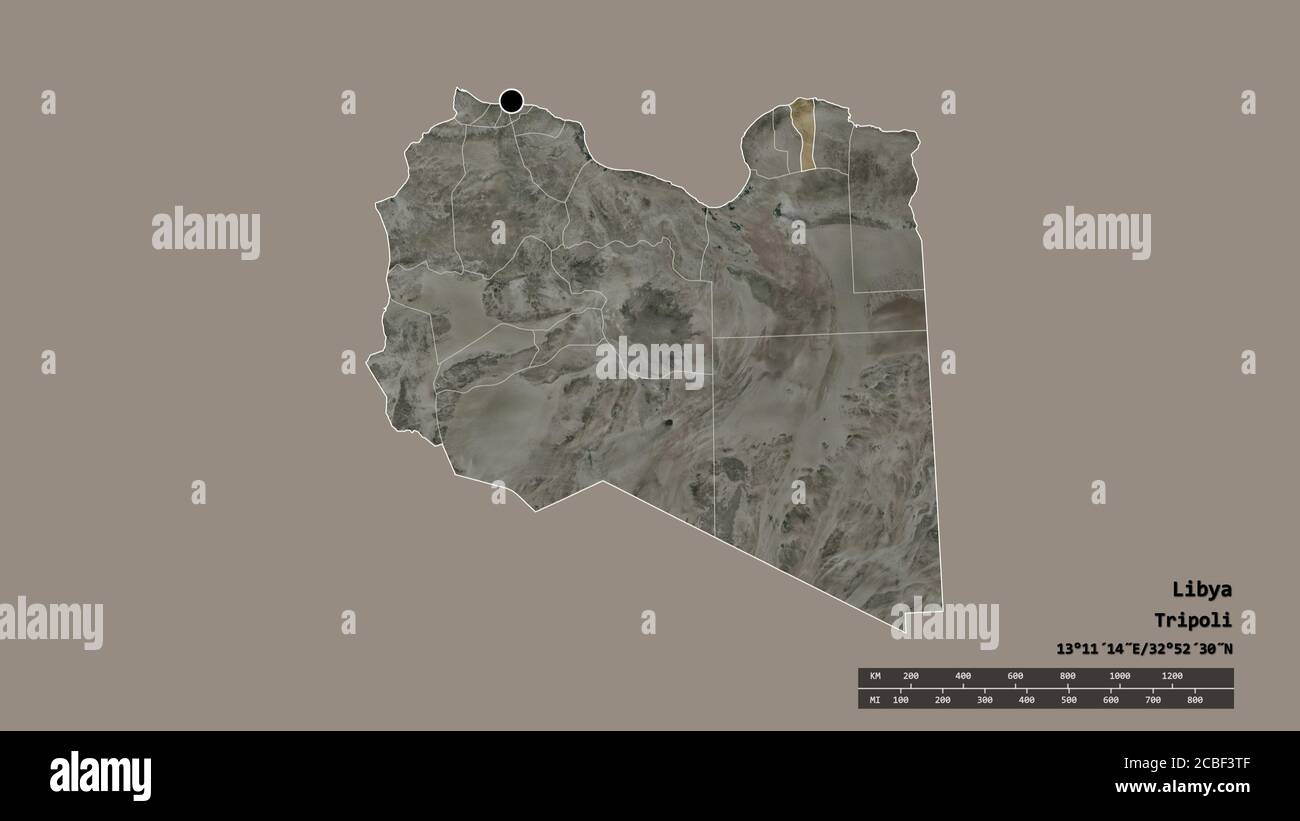 Desaturated shape of Libya with its capital, main regional division and ...