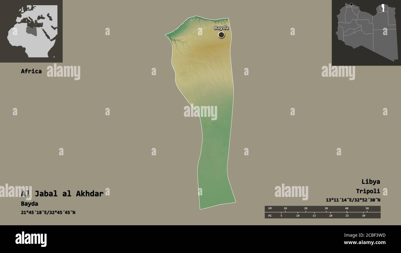 Shape of Al Jabal al Akhdar, district of Libya, and its capital ...