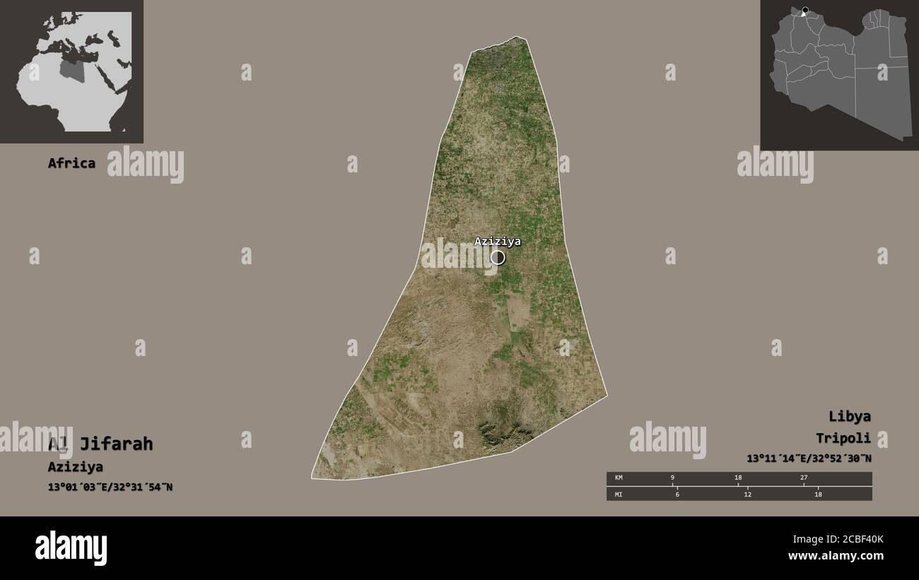Shape of Al Jifarah, district of Libya, and its capital. Distance scale ...