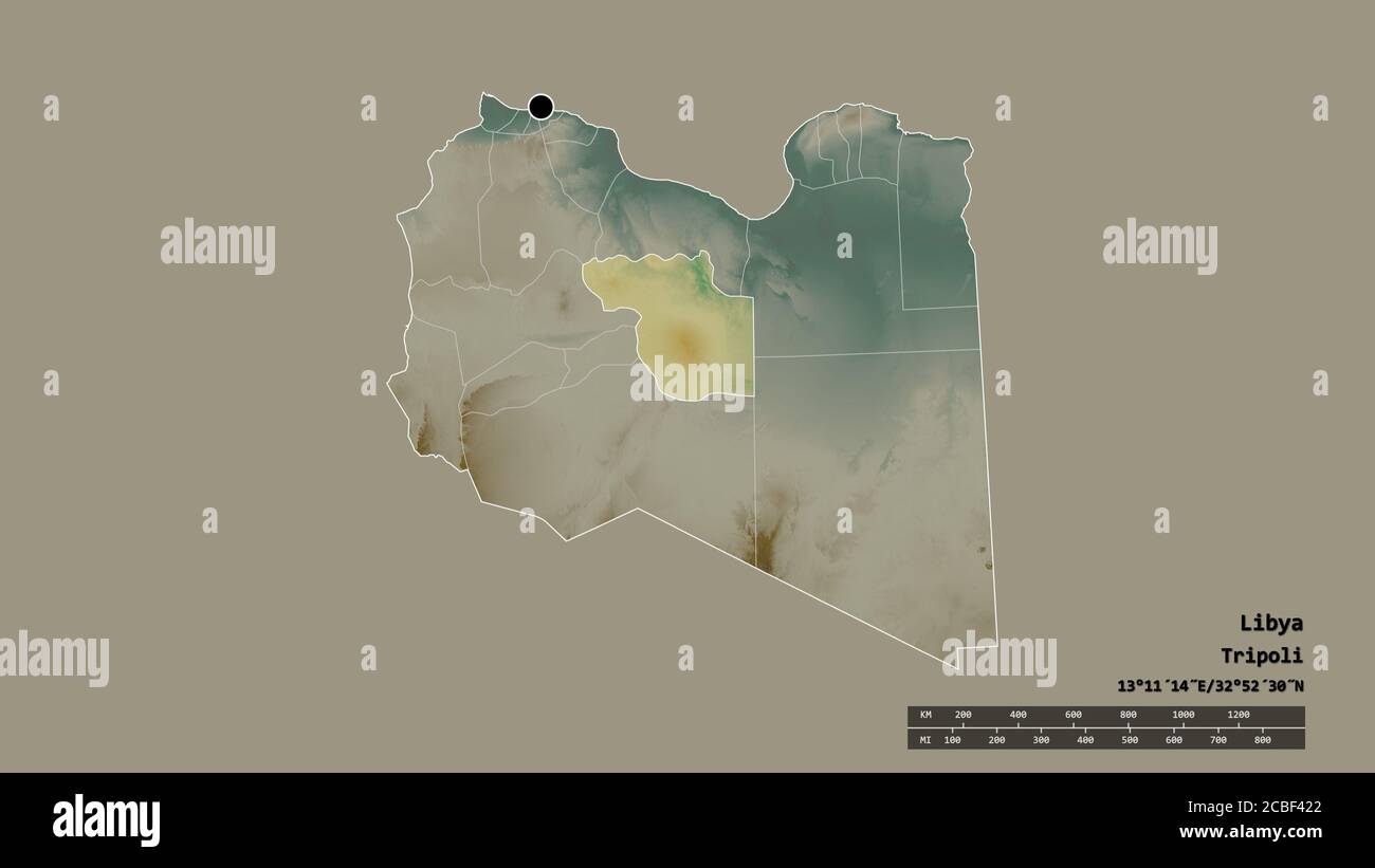 Desaturated shape of Libya with its capital, main regional division and ...
