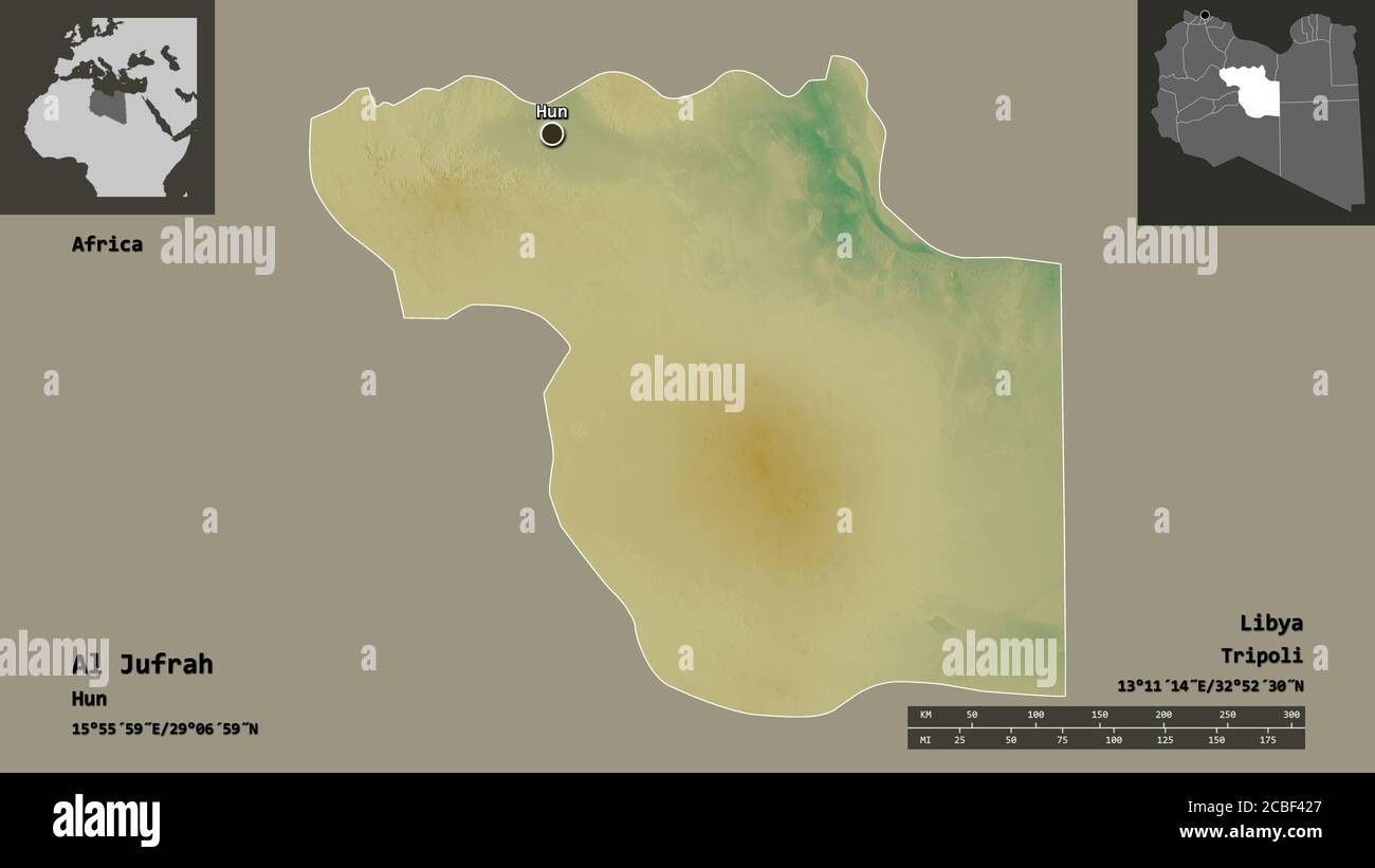Shape of Al Jufrah, district of Libya, and its capital. Distance scale ...