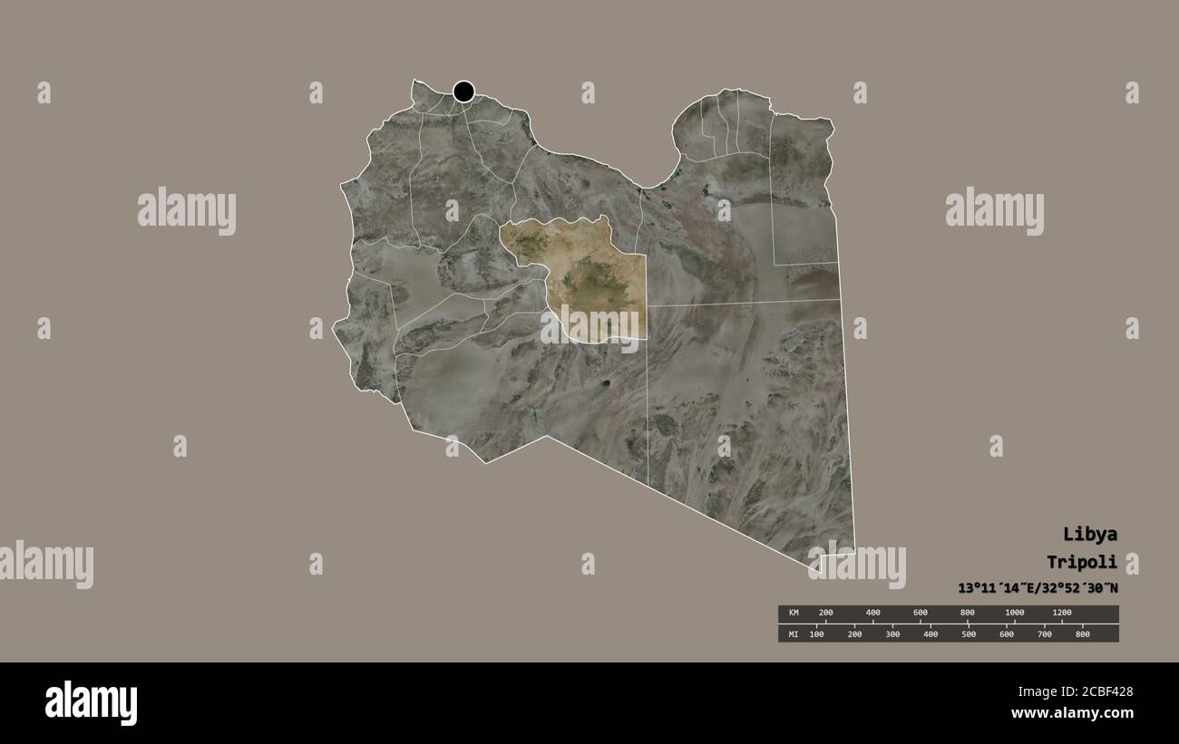 Desaturated shape of Libya with its capital, main regional division and ...