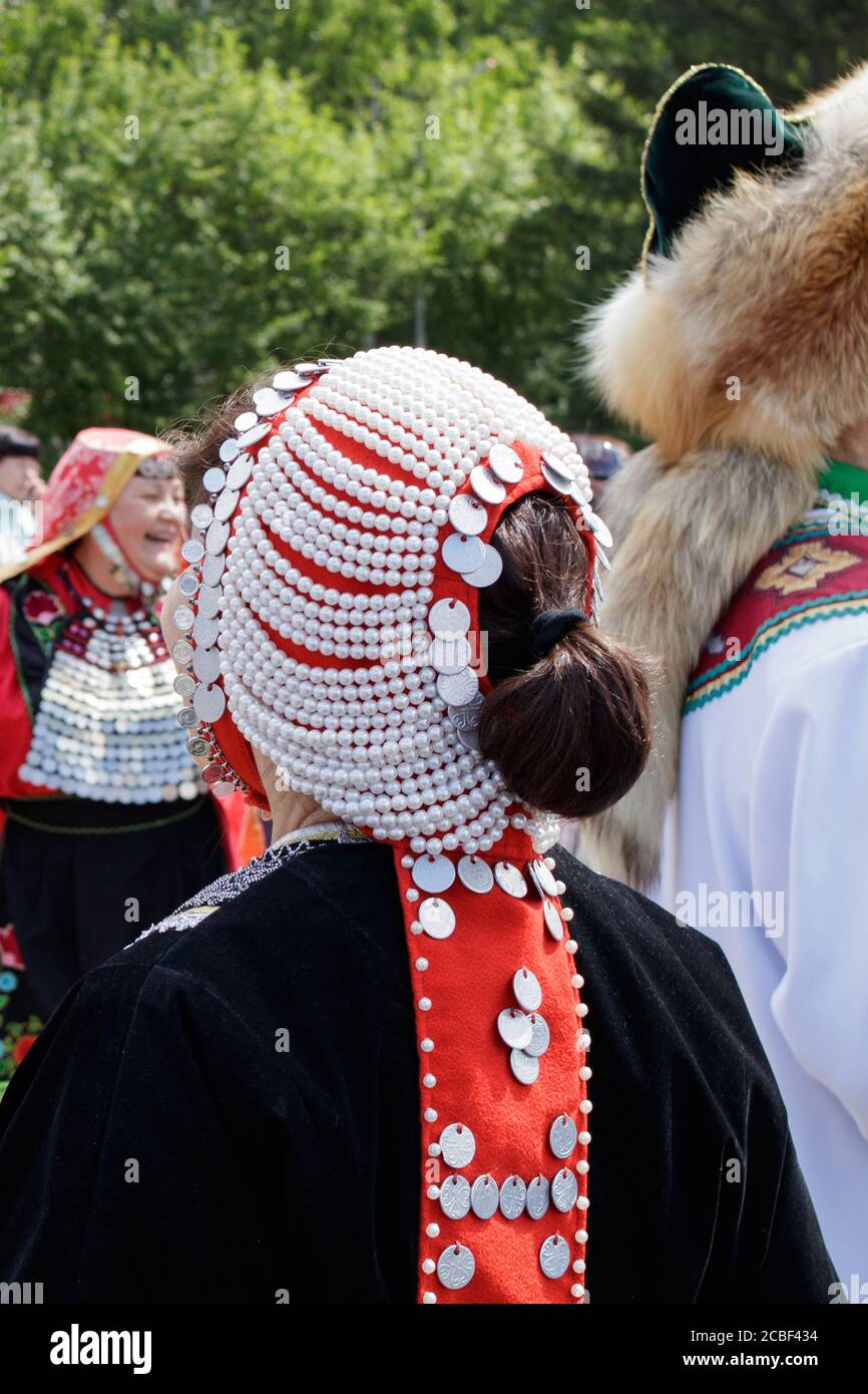 Tatar female traditional vintage headdress. The annual national holiday ...