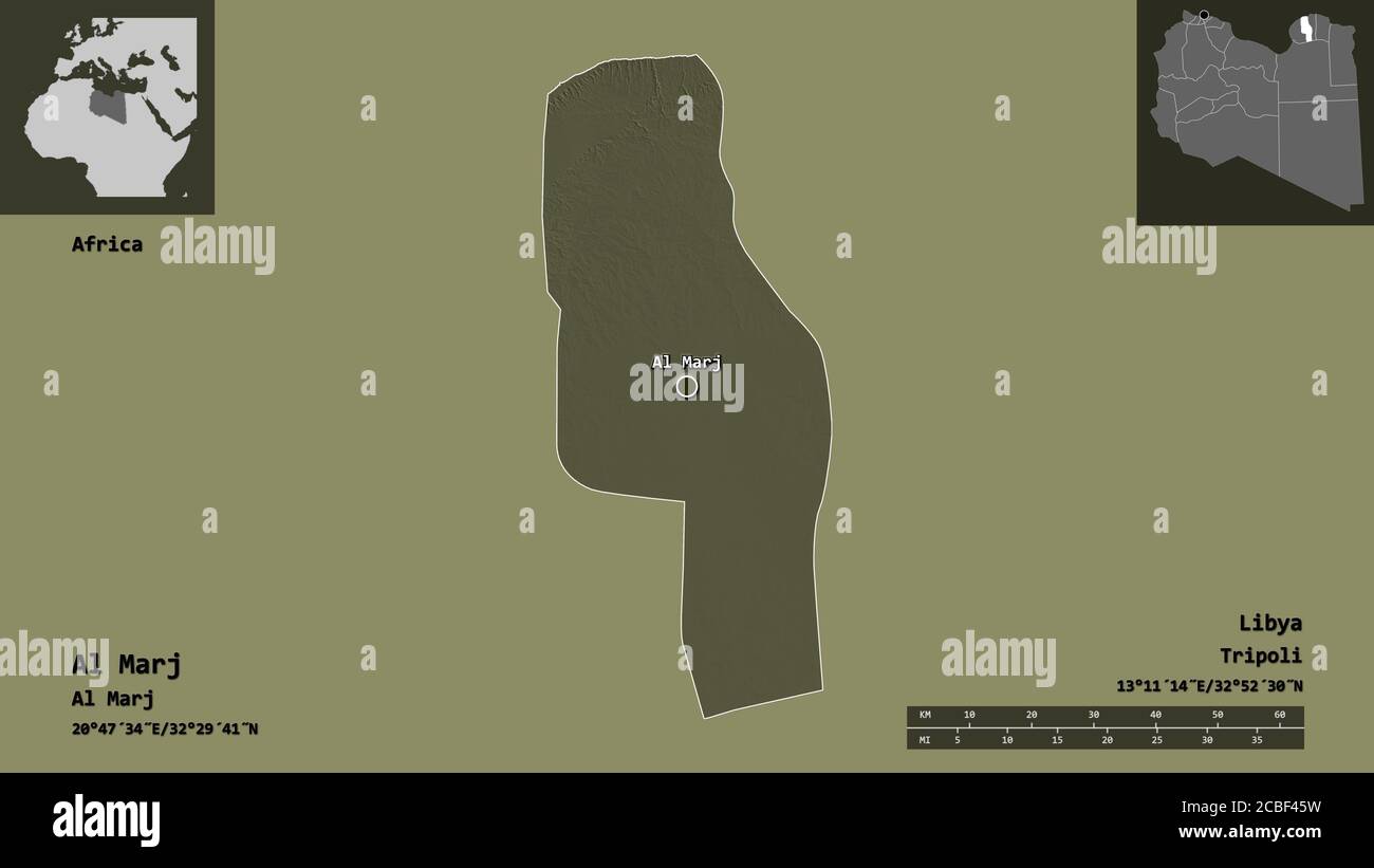 Shape of Al Marj, district of Libya, and its capital. Distance scale ...