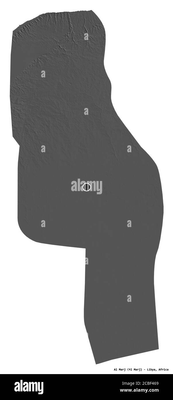 Shape of Al Marj, district of Libya, with its capital isolated on white ...