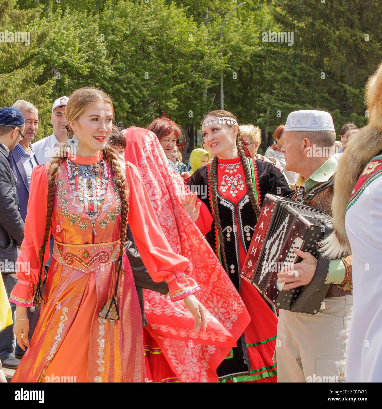 Yekaterinburg, Russia, June 15, 2019. Girls in Tatar national clothes ...