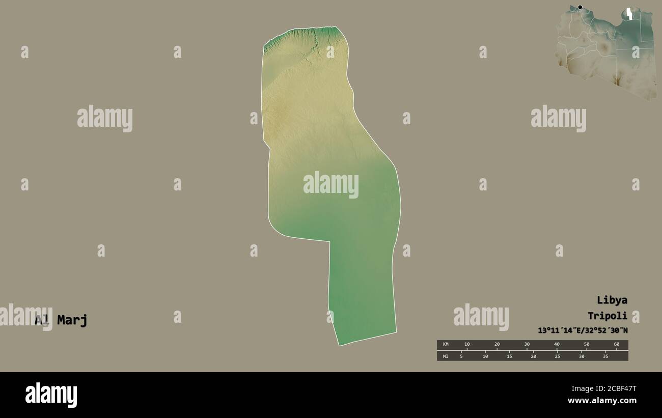 Shape of Al Marj, district of Libya, with its capital isolated on solid ...