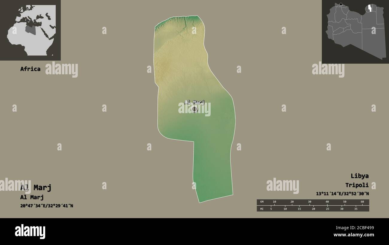 Shape of Al Marj, district of Libya, and its capital. Distance scale ...