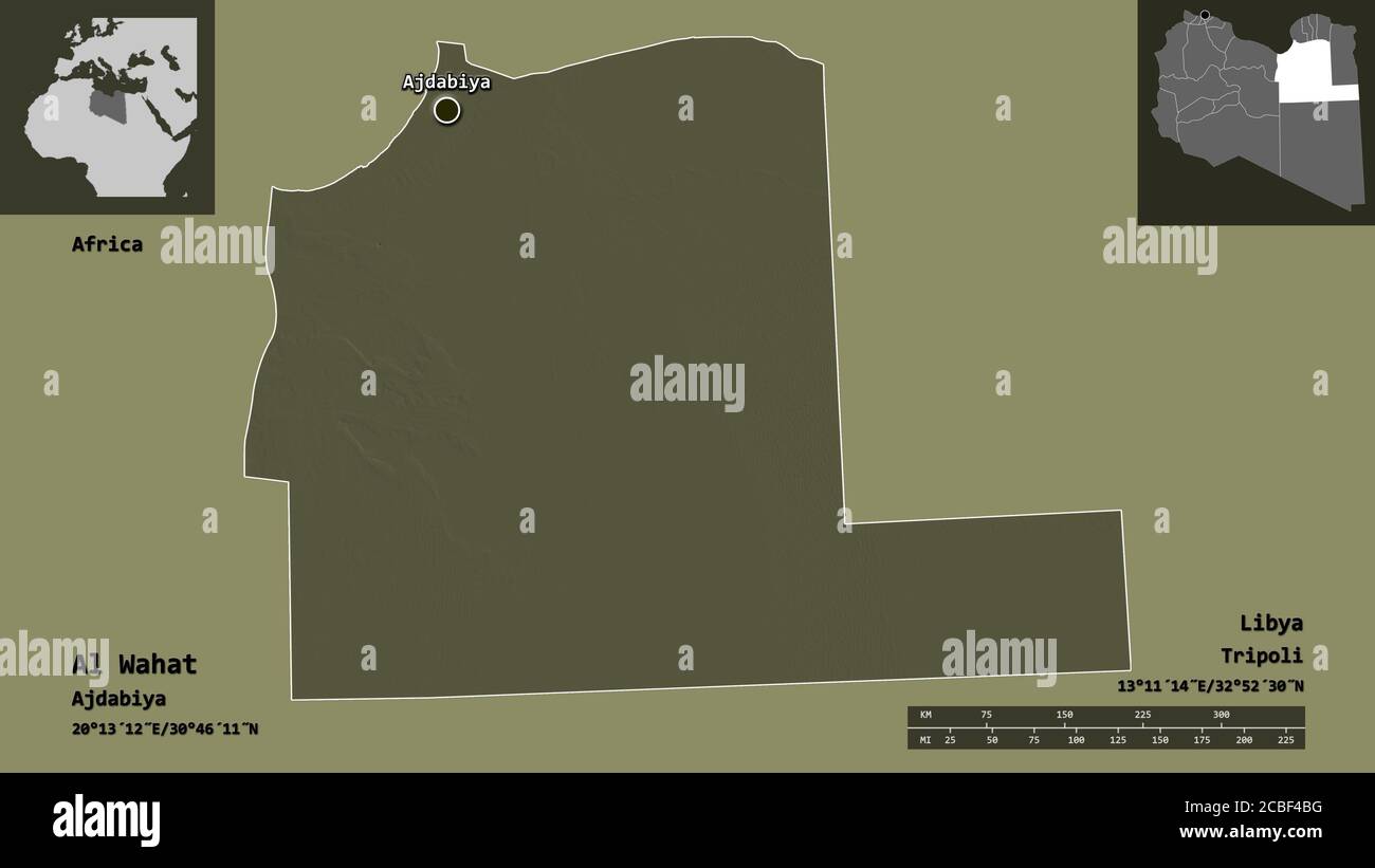 Shape of Al Wahat, district of Libya, and its capital. Distance scale ...