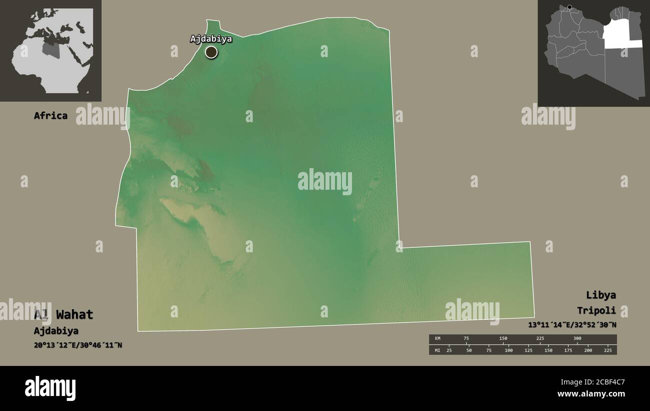 Shape of Al Wahat, district of Libya, and its capital. Distance scale ...