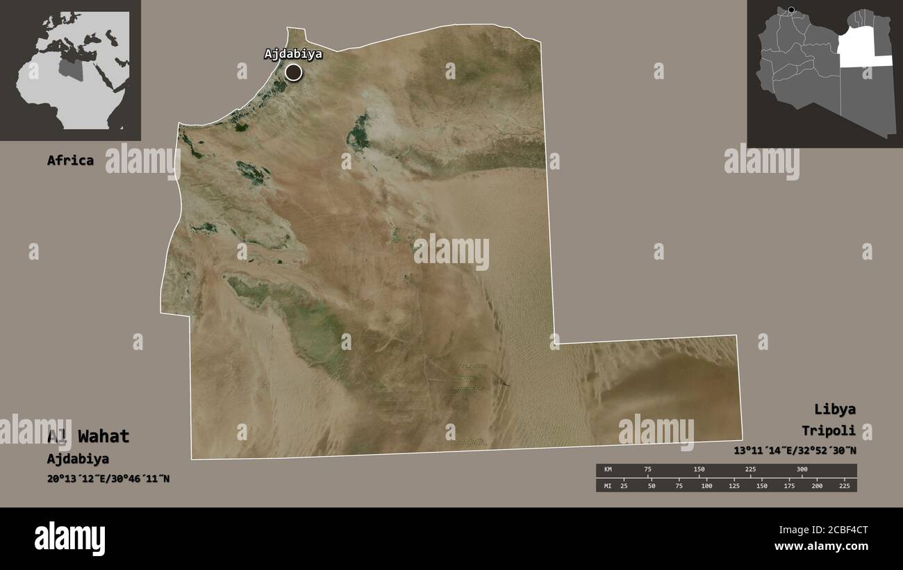 Shape of Al Wahat, district of Libya, and its capital. Distance scale ...