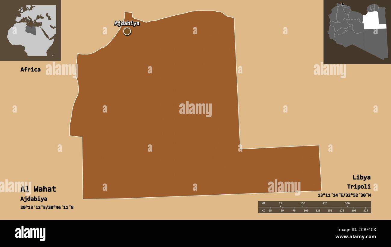 Shape of Al Wahat, district of Libya, and its capital. Distance scale ...