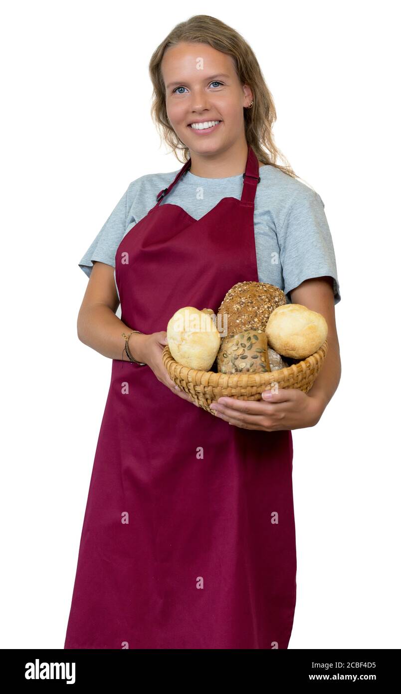 Beautiful blond woman with bread rolls from the bakery isolated on ...