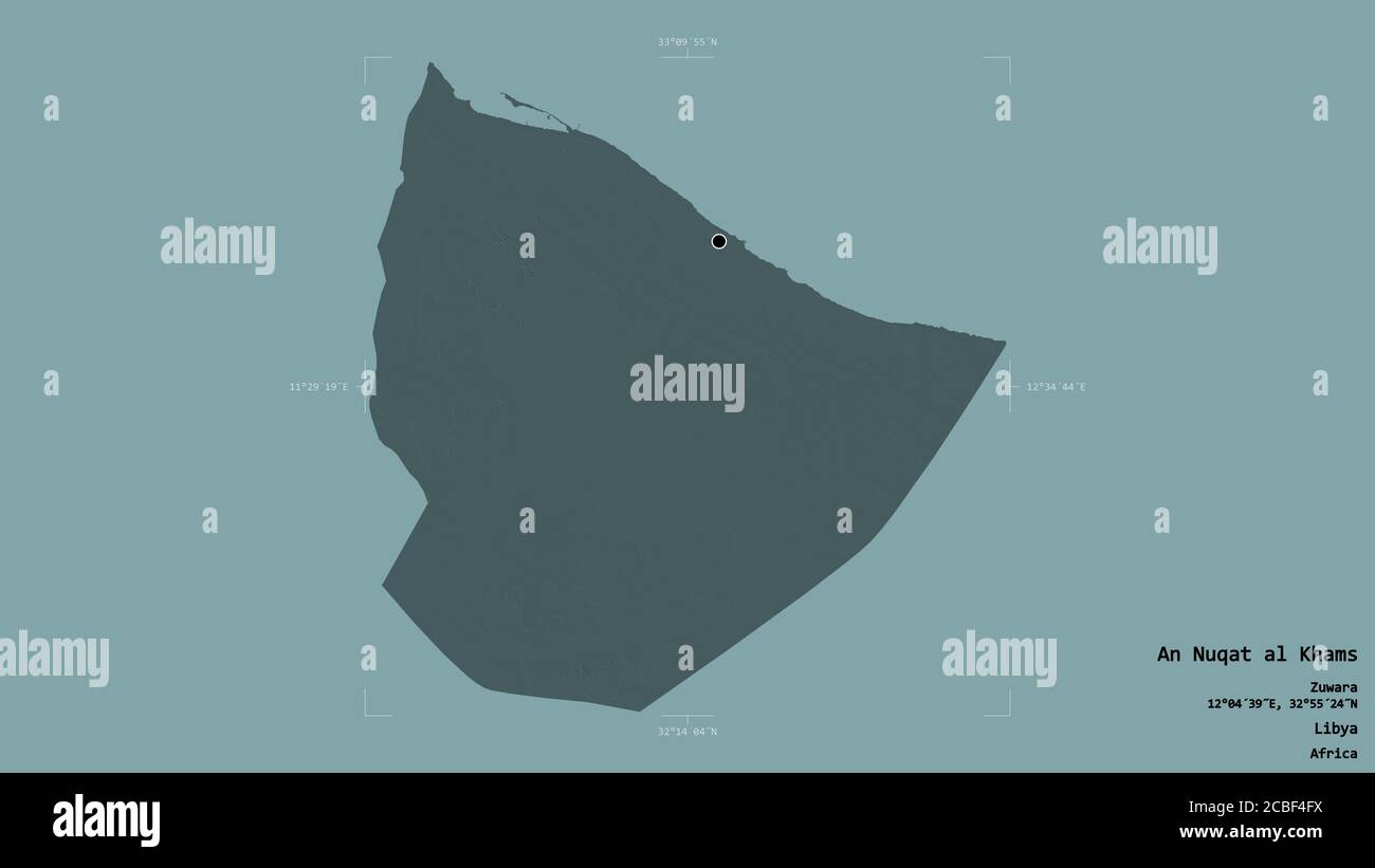 Area of An Nuqat al Khams, district of Libya, isolated on a solid ...