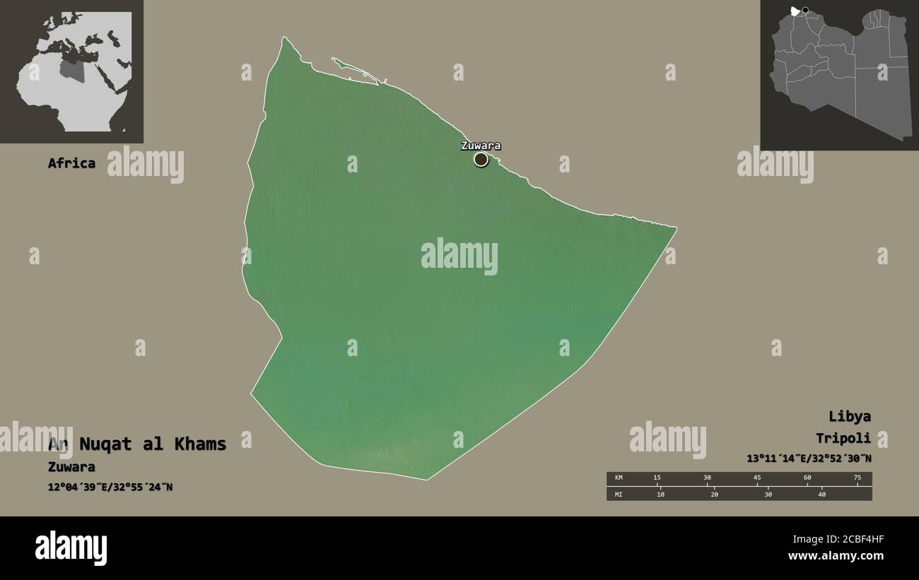Shape of An Nuqat al Khams, district of Libya, and its capital ...