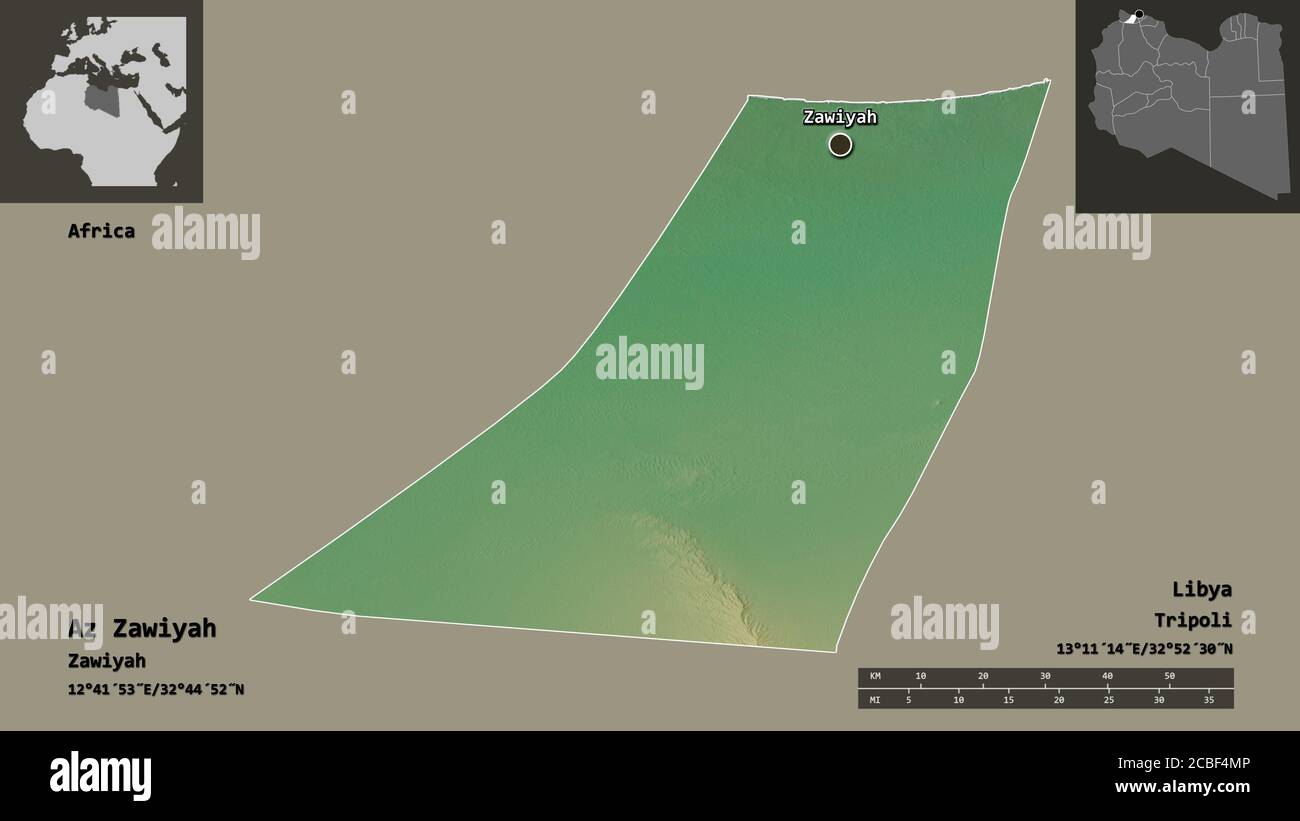 Shape of Az Zawiyah, district of Libya, and its capital. Distance scale ...