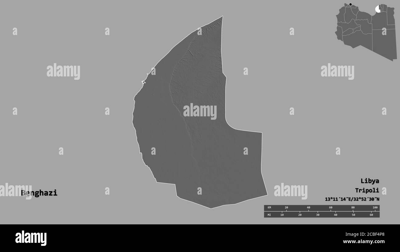 Shape of Benghazi, district of Libya, with its capital isolated on ...