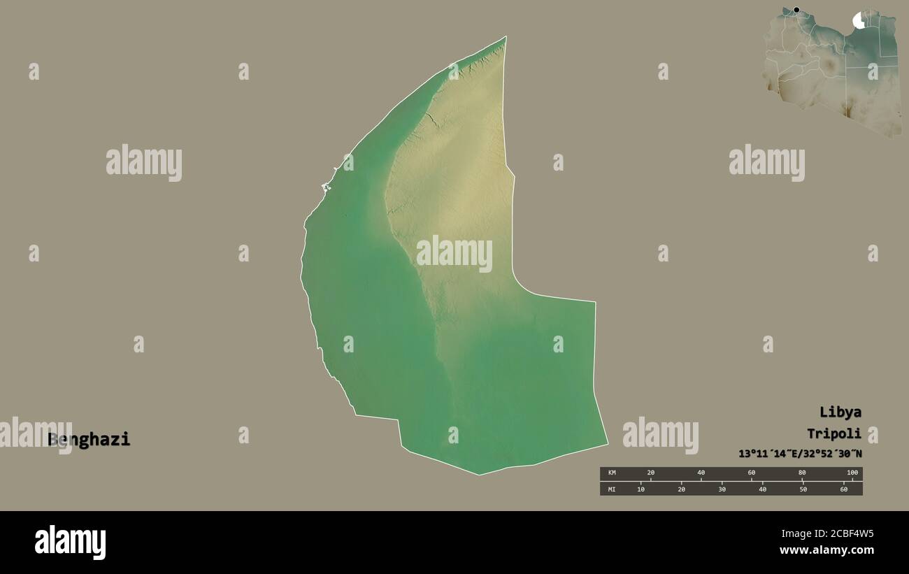 Shape of Benghazi, district of Libya, with its capital isolated on ...