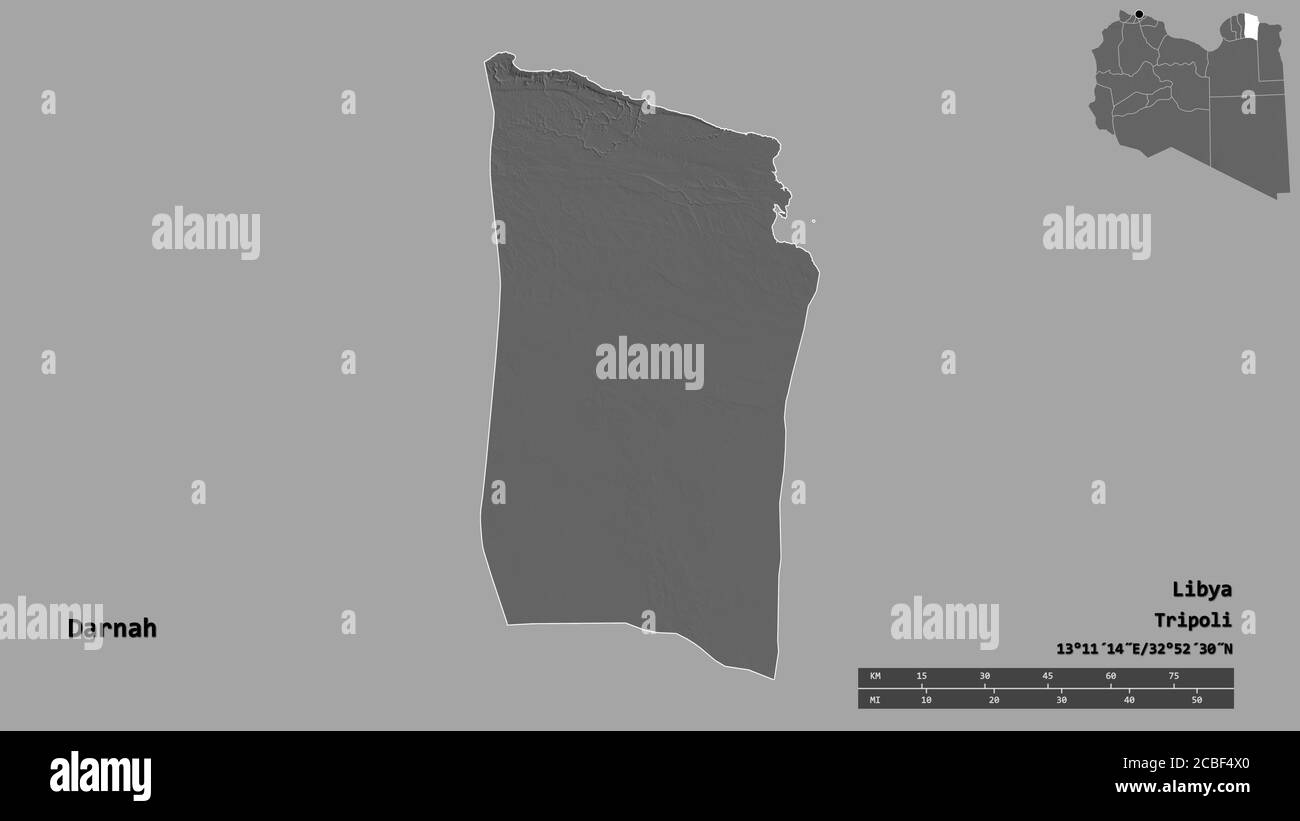Shape of Darnah, district of Libya, with its capital isolated on solid ...