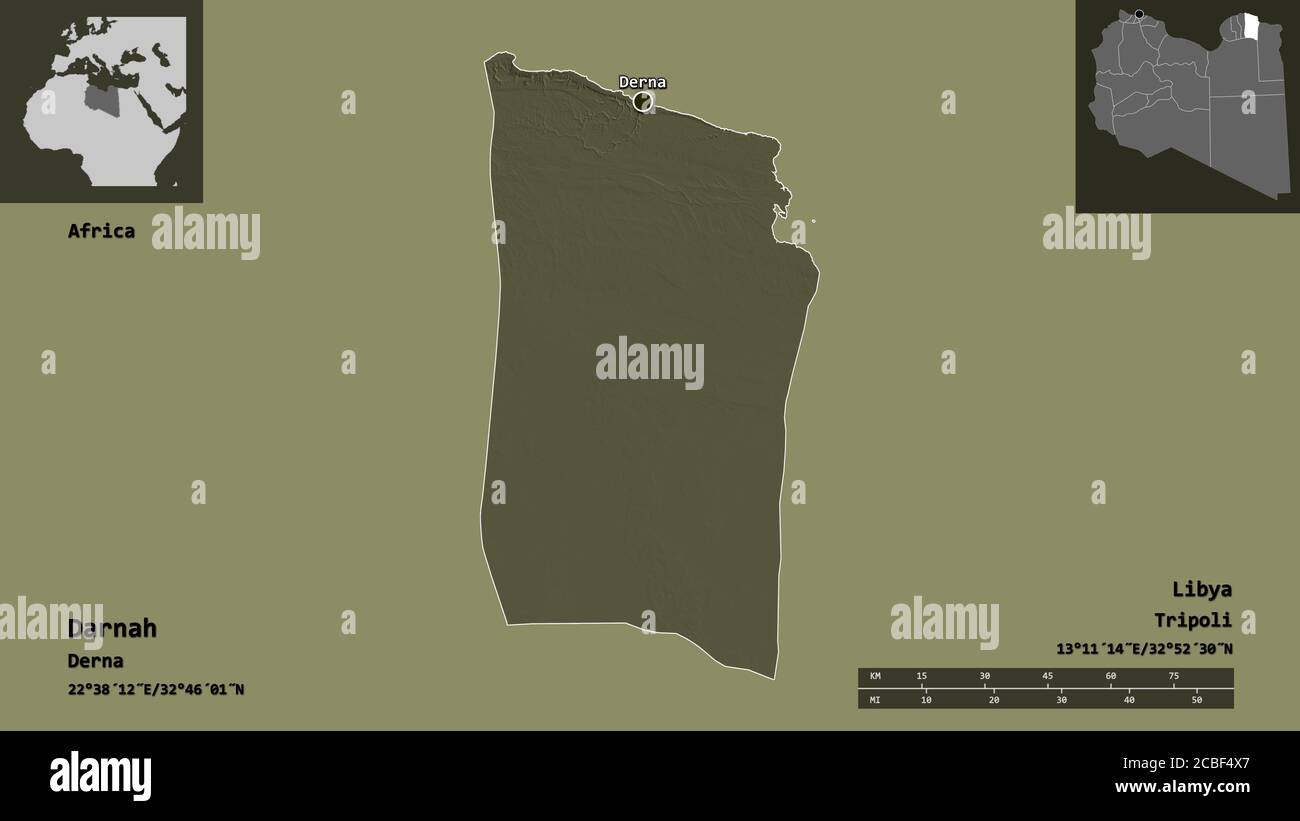 Shape of Darnah, district of Libya, and its capital. Distance scale ...