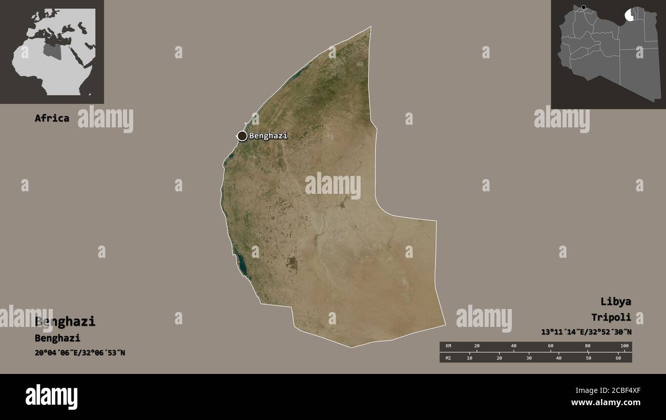 Shape of Benghazi, district of Libya, and its capital. Distance scale ...