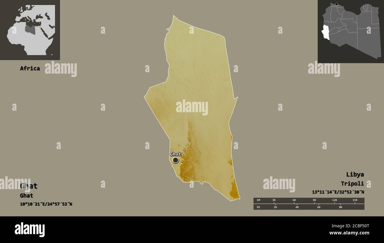 Shape of Ghat, district of Libya, and its capital. Distance scale ...