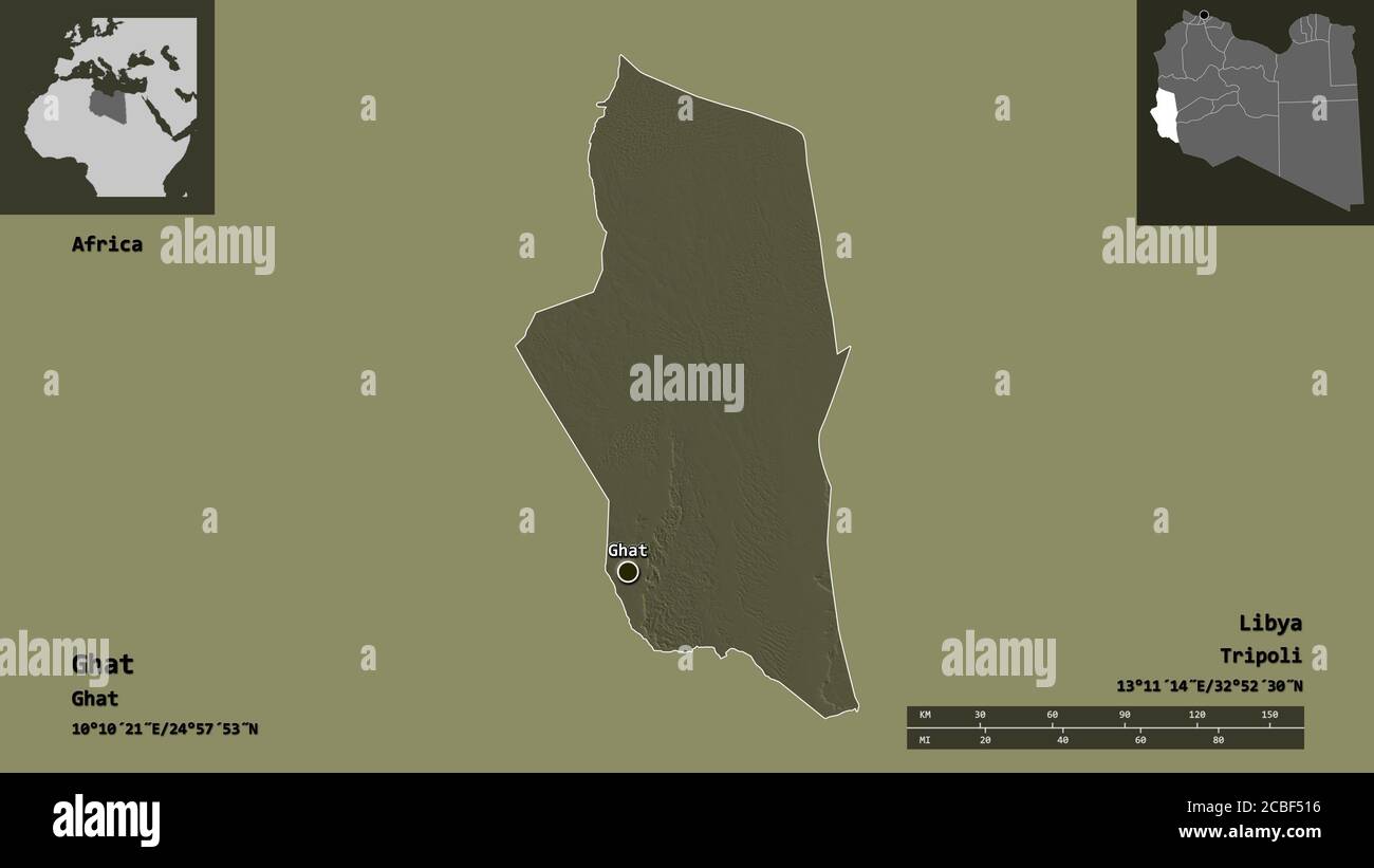 Shape of Ghat, district of Libya, and its capital. Distance scale ...