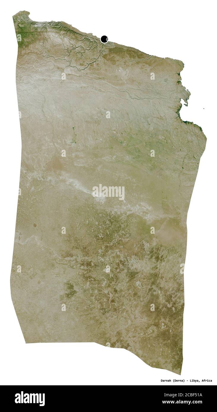 Shape of Darnah, district of Libya, with its capital isolated on white ...