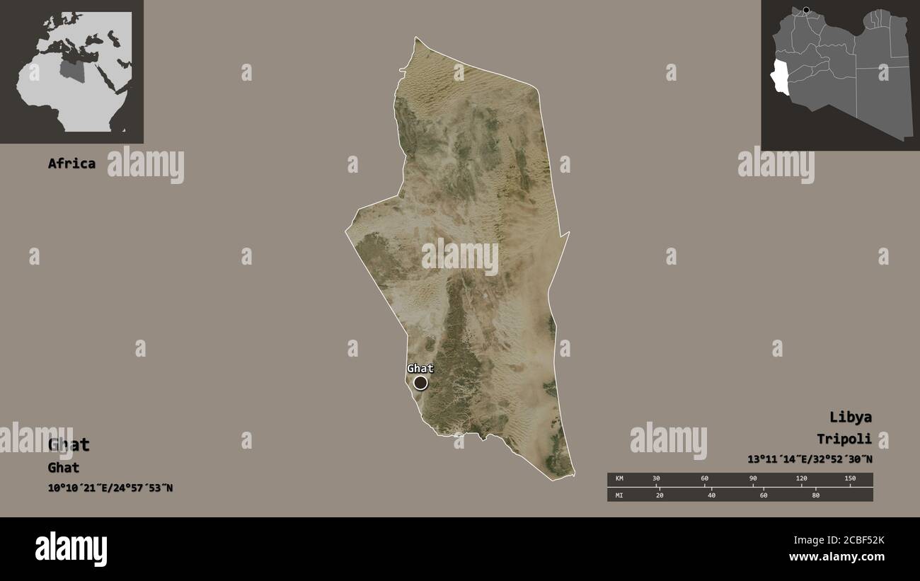 Shape of Ghat, district of Libya, and its capital. Distance scale ...