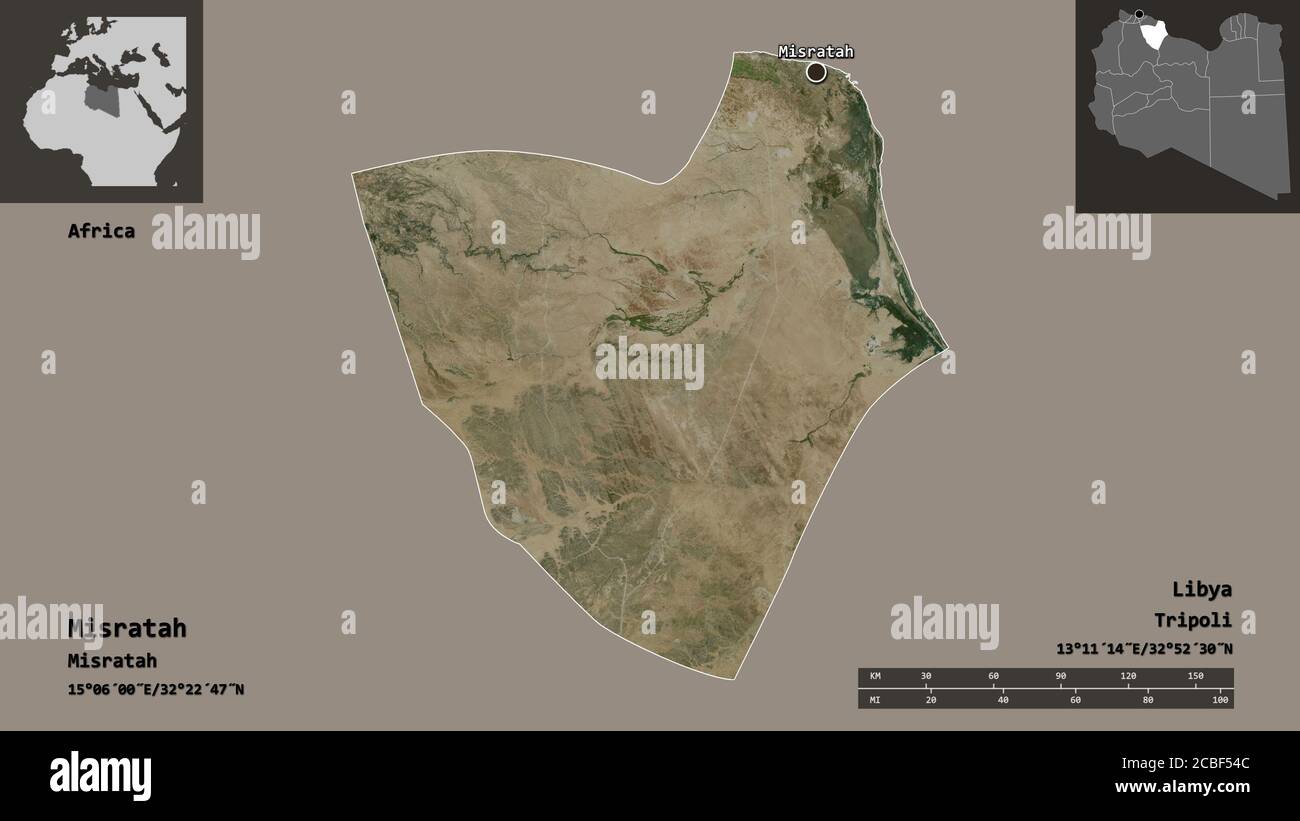 Shape of Misratah, district of Libya, and its capital. Distance scale ...