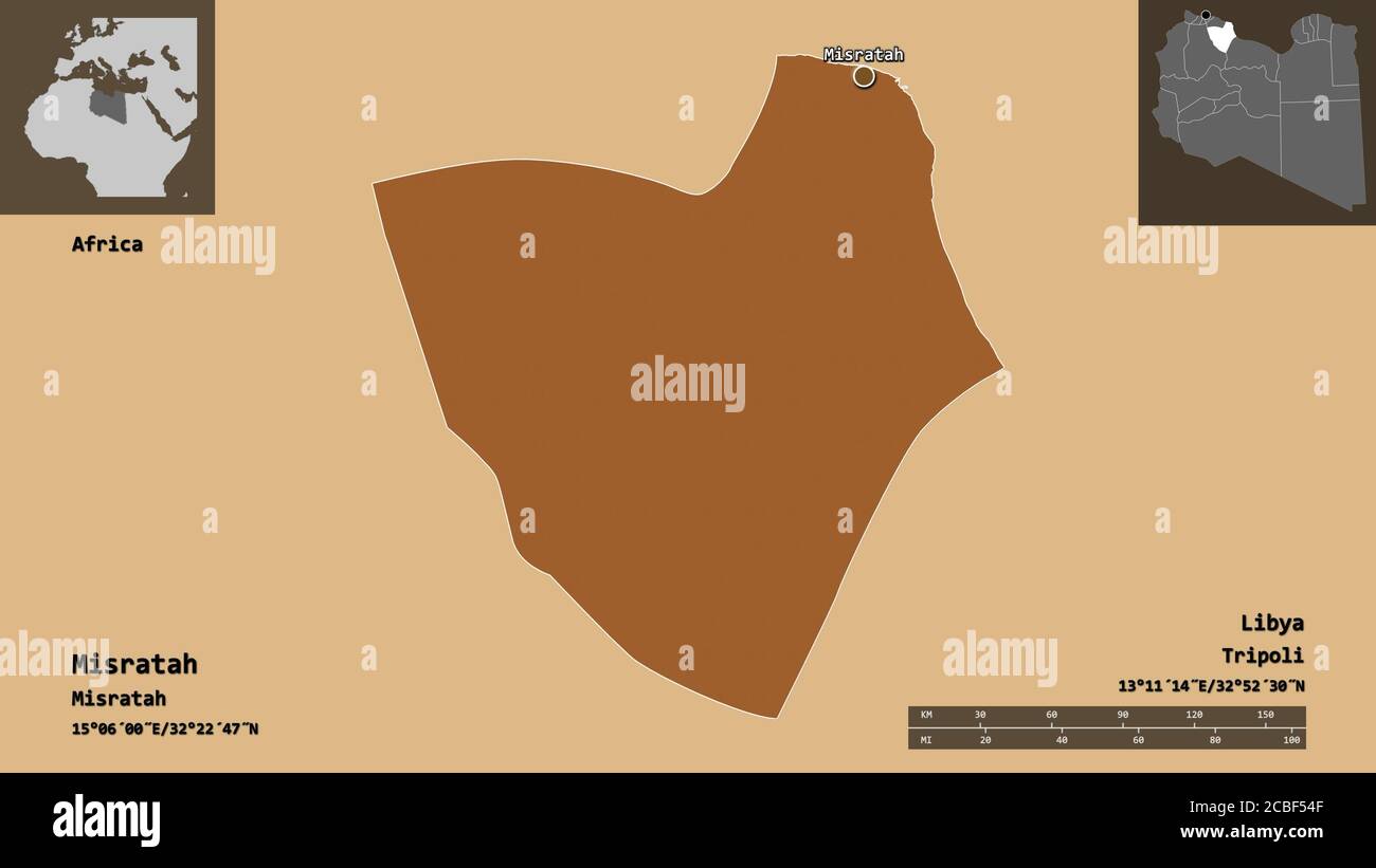 Shape of Misratah, district of Libya, and its capital. Distance scale ...