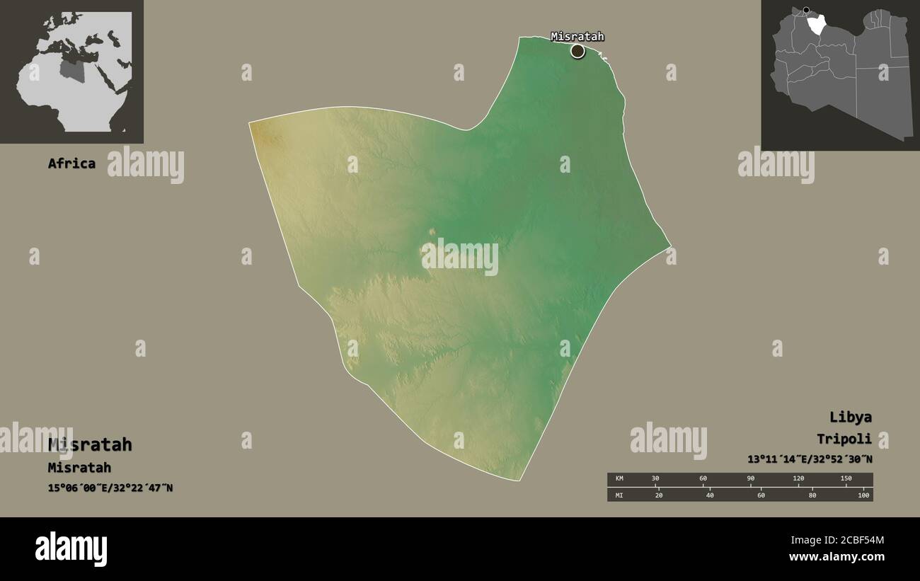 Shape of Misratah, district of Libya, and its capital. Distance scale ...