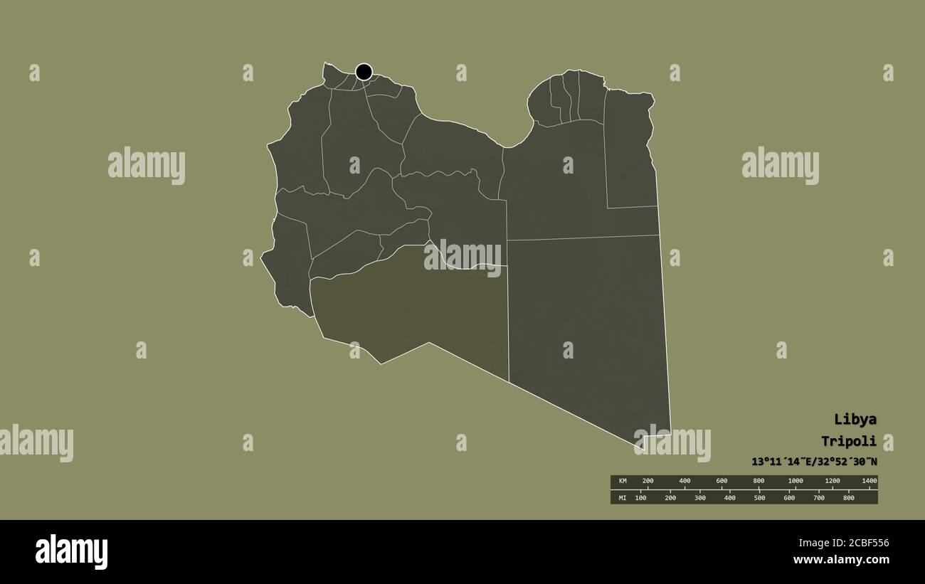 Desaturated shape of Libya with its capital, main regional division and ...