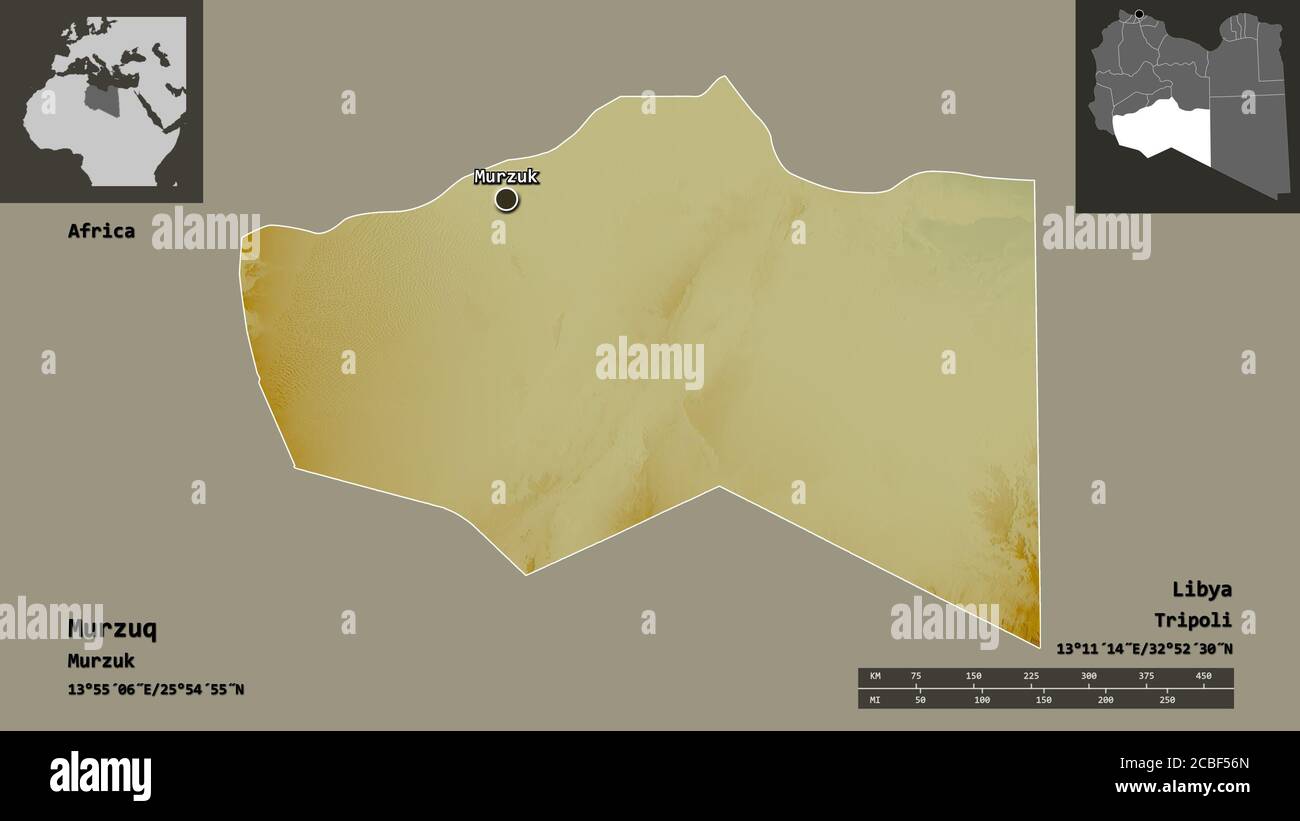 Shape of Murzuq, district of Libya, and its capital. Distance scale ...