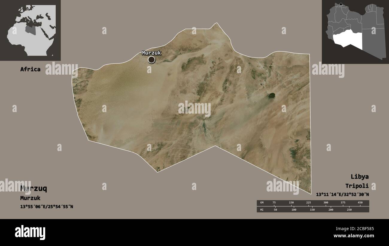 Shape of Murzuq, district of Libya, and its capital. Distance scale ...