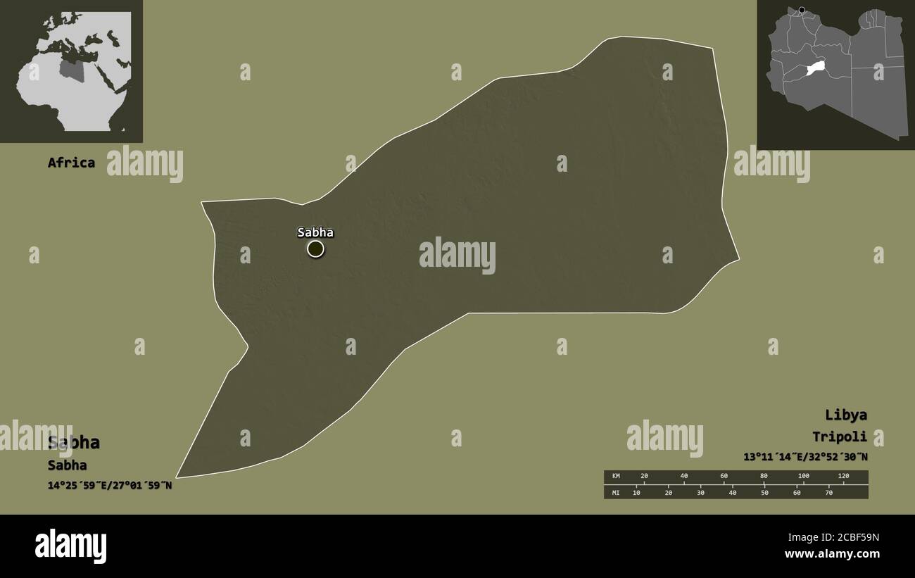Shape of Sabha, district of Libya, and its capital. Distance scale ...