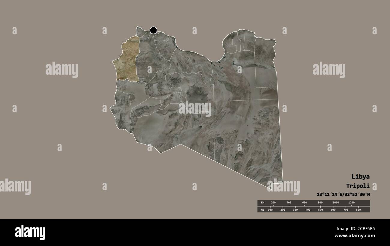 Desaturated shape of Libya with its capital, main regional division and ...