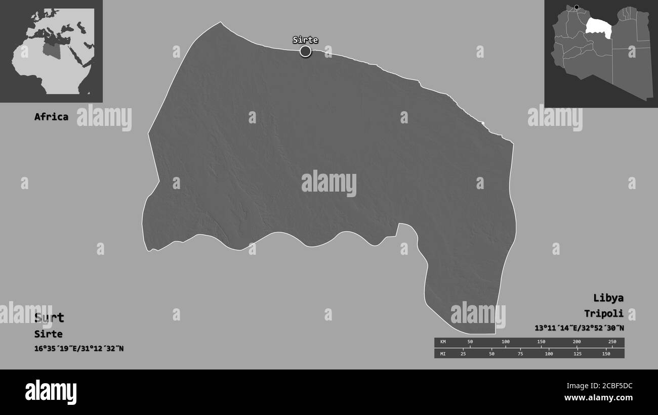 Shape of Surt, district of Libya, and its capital. Distance scale ...