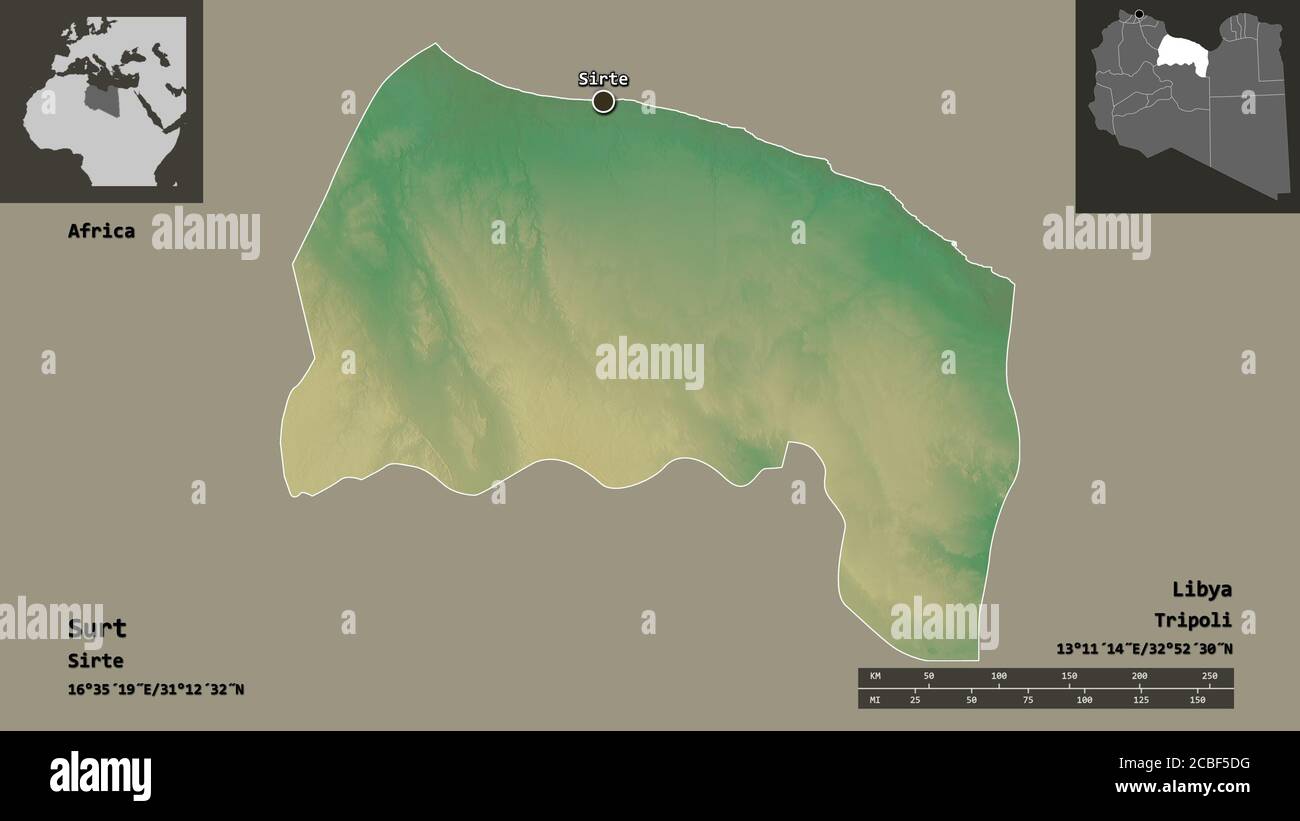 Shape of Surt, district of Libya, and its capital. Distance scale ...