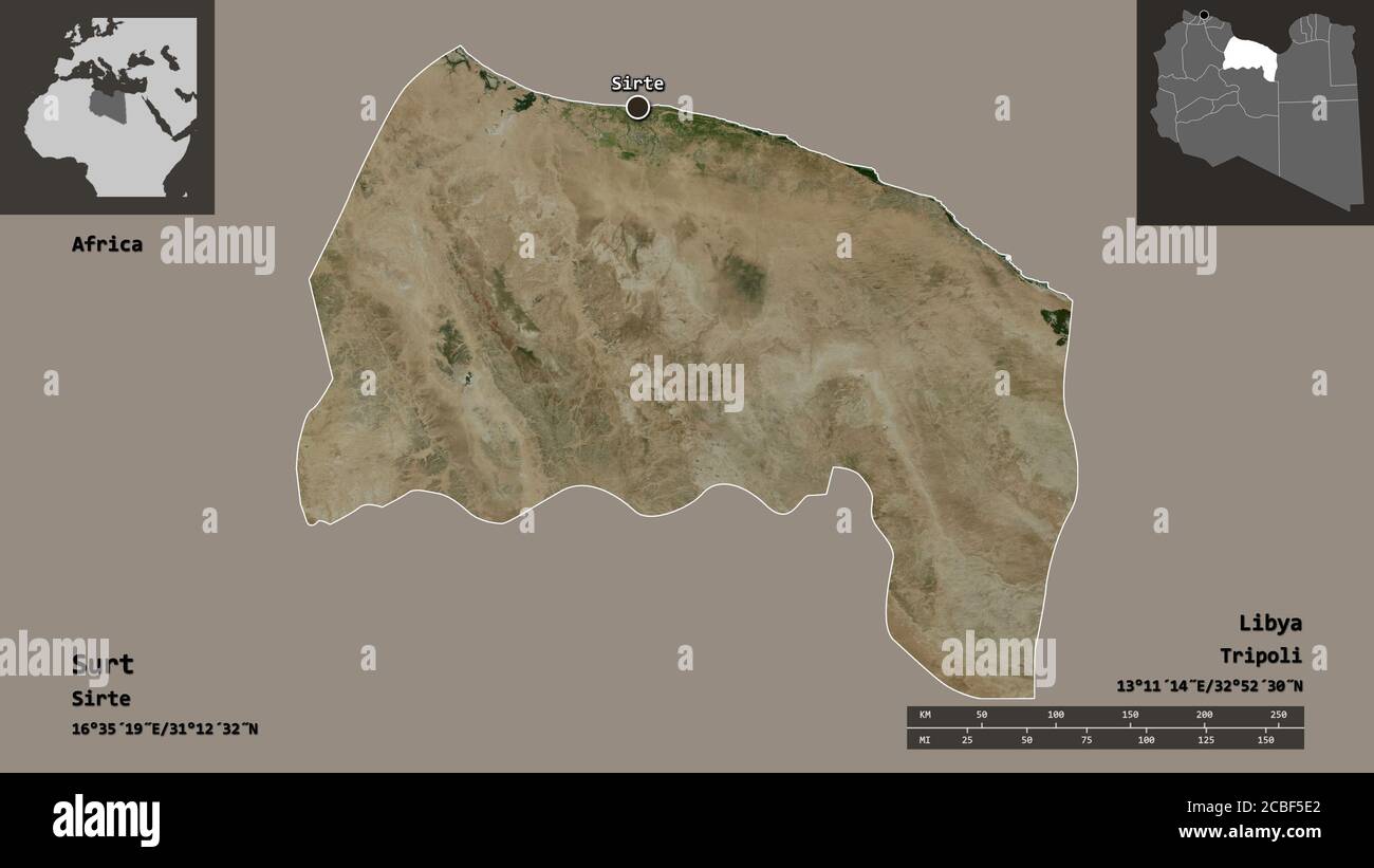 Shape of Surt, district of Libya, and its capital. Distance scale, previews and labels ...