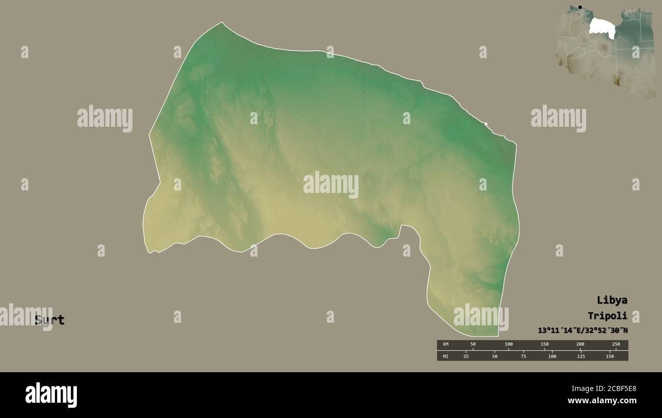 Shape of Surt, district of Libya, with its capital isolated on solid ...