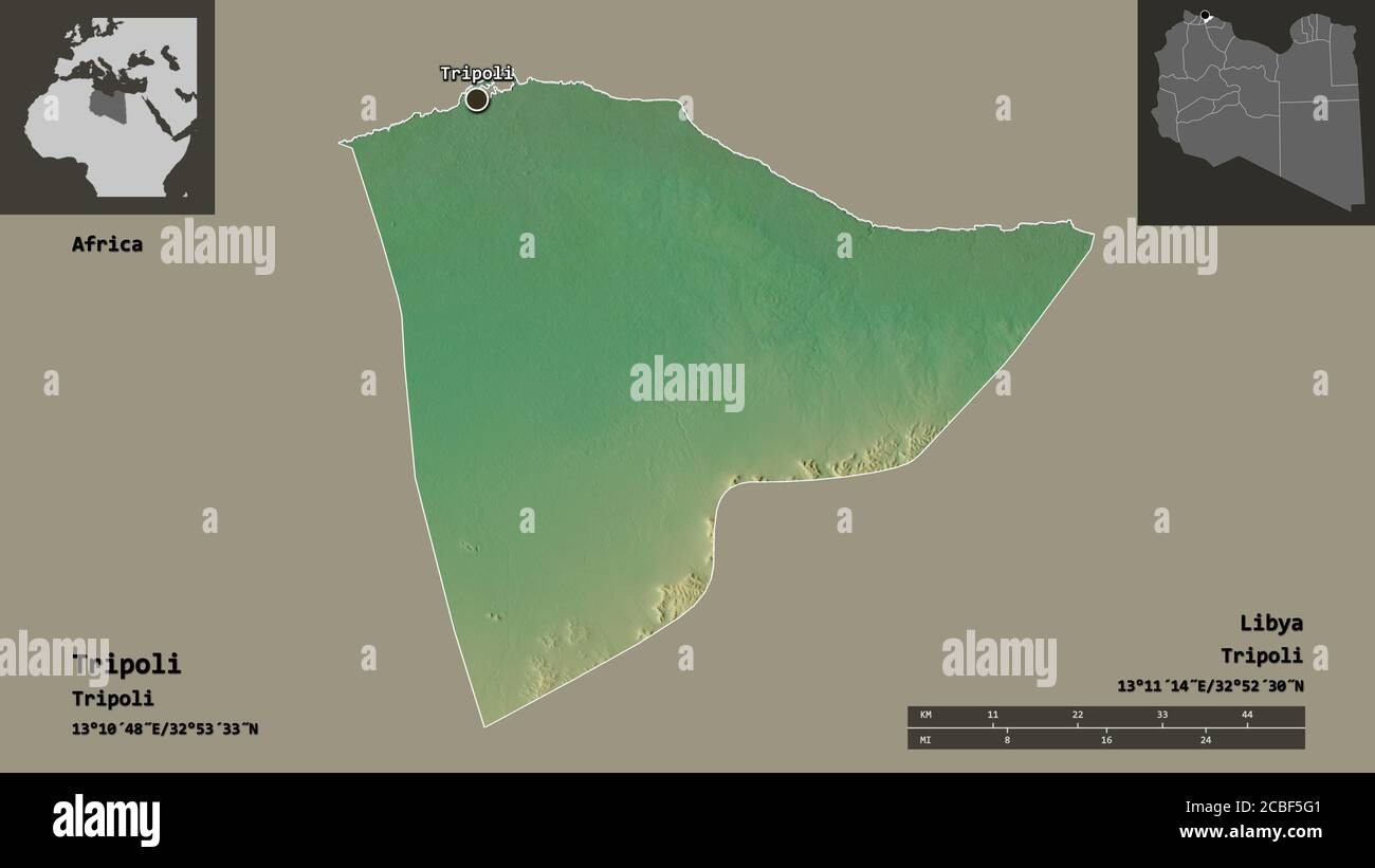 Shape of Tripoli, district of Libya, and its capital. Distance scale ...