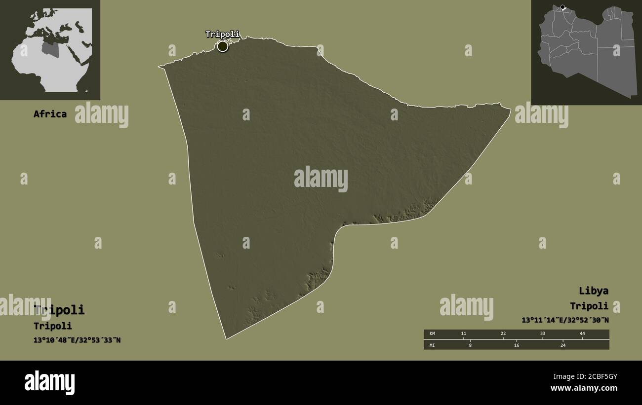 Shape of Tripoli, district of Libya, and its capital. Distance scale ...