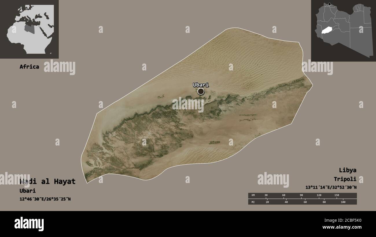 Shape of Wadi al Hayat, district of Libya, and its capital. Distance ...