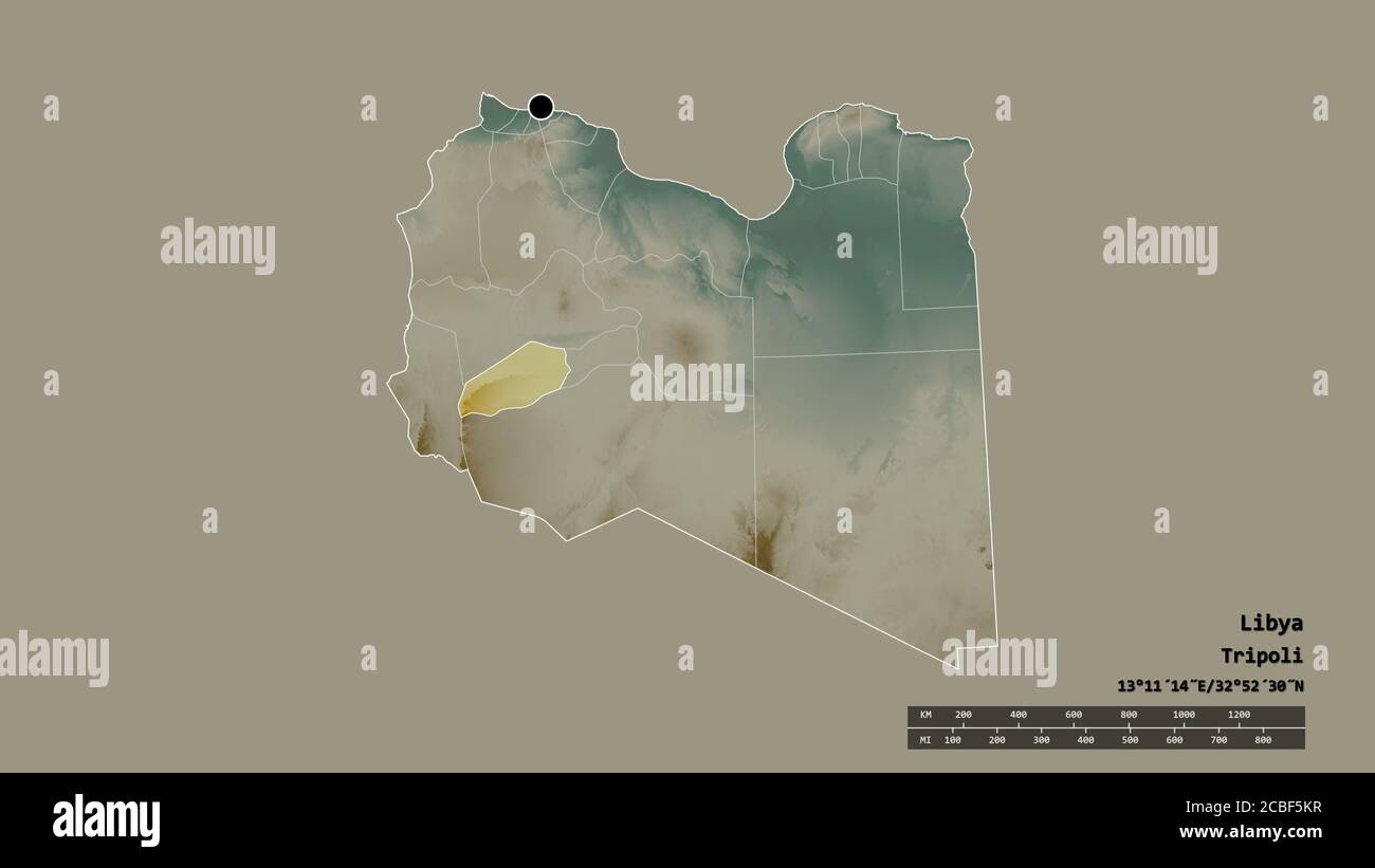Desaturated shape of Libya with its capital, main regional division and ...