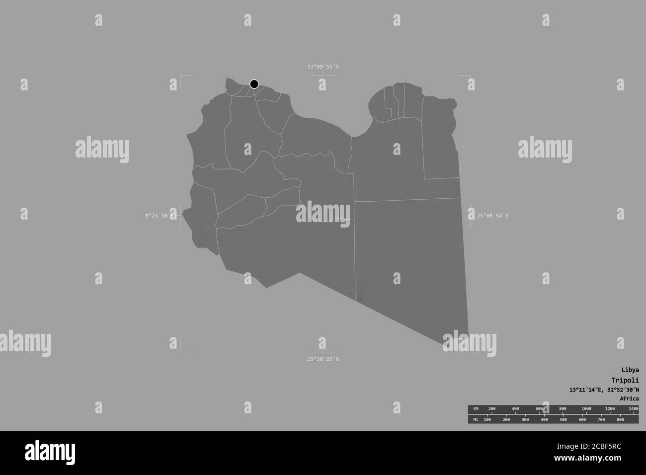 Area of Libya isolated on a solid background in a georeferenced ...