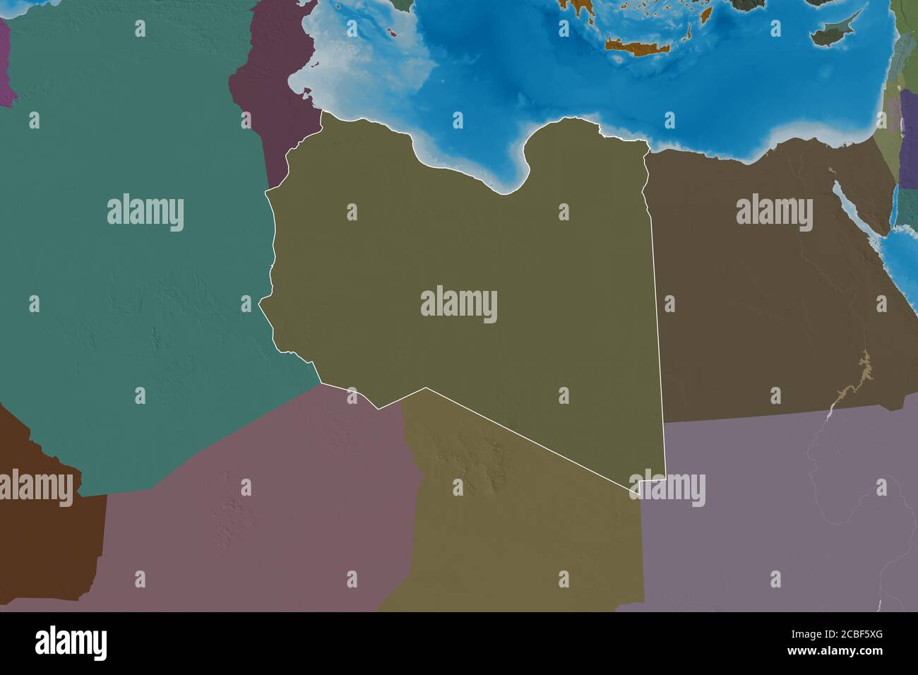 Extended area of outlined Libya. Colored elevation map. 3D rendering ...