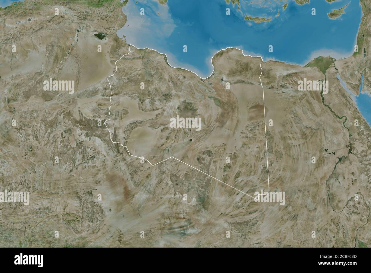 Extended area of outlined Libya. Satellite imagery. 3D rendering Stock ...