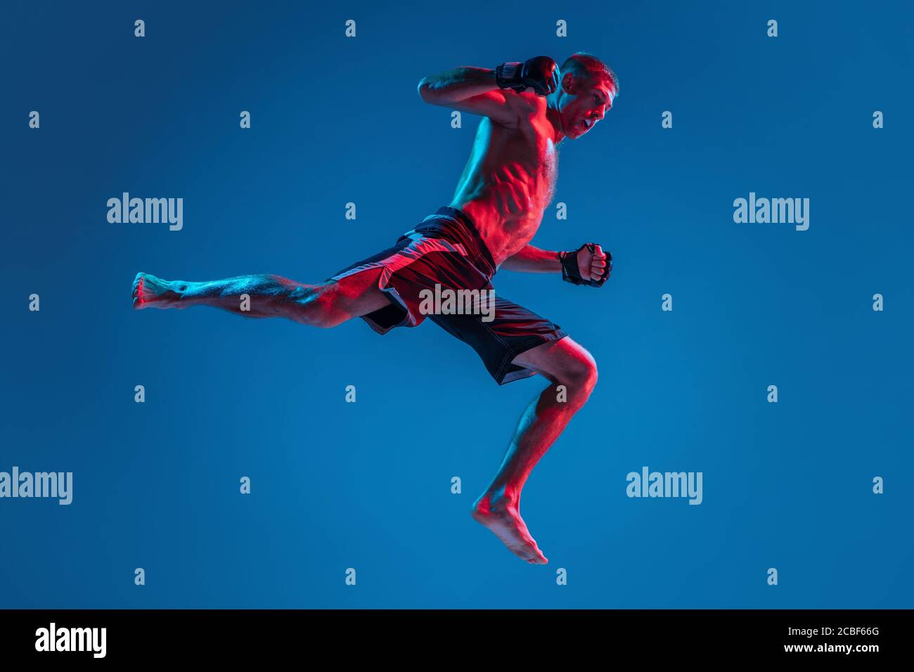 High flight. MMA. Professional fighter punching or boxing isolated on ...